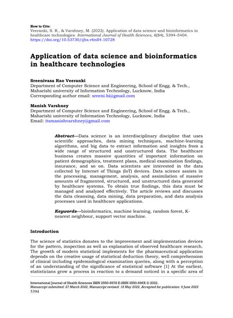 PDF Application Of Data Science And Bioinformatics In Healthcare Technologies