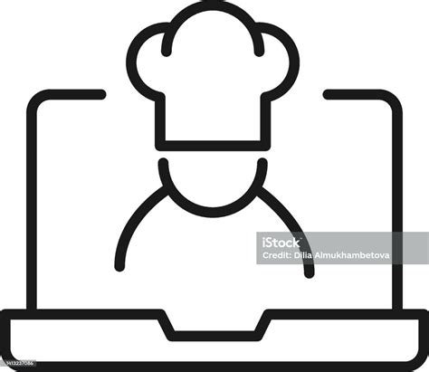 얇은 선으로 그려진 간단한 흑백 그림 광고 인터넷 상점 상점에 적합합니다 편집 가능한 스트로크 노트북 모니터에 요리사의 벡터 라인 아이콘 개념에 대한 스톡 벡터 아트 및