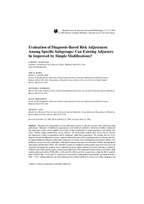Pdf Evaluation Of Diagnosis Based Risk Adjustment Among Specific Subgroups Can Existing