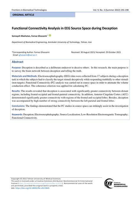 Pdf Functional Connectivity Analysis In Eeg Source Space During Deception