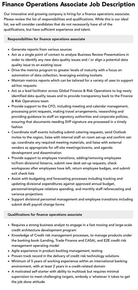 Finance Operations Associate Job Description Velvet Jobs