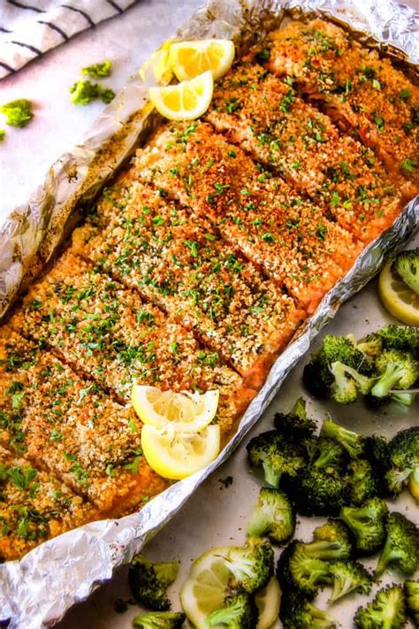 25 Minute Baked Lemon Garlic Butter Salmon With Crispy Parmesan Panko And Broccoli