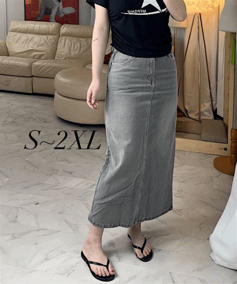 [s~2xl]워싱 데님 트임 H라인 롱 스커트 에이블리