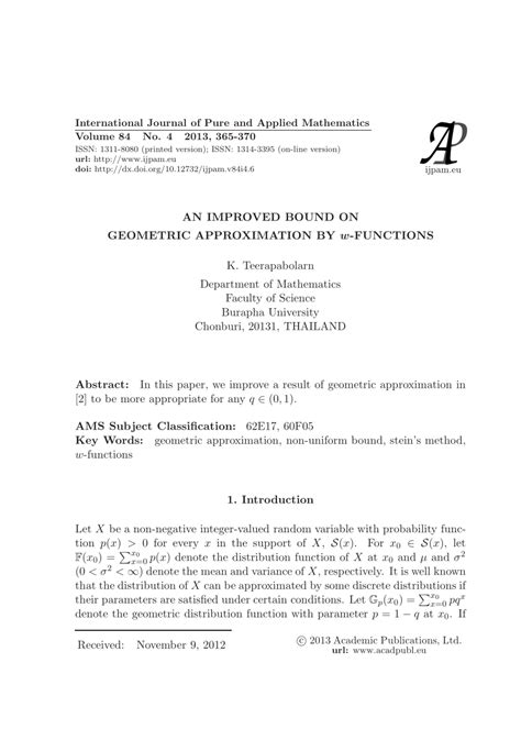 PDF An Improved Bound On Geometric Approximation By W Functions