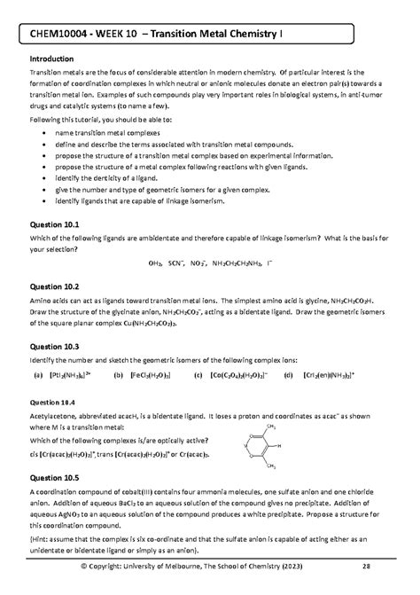 Tutorial Questions Chem 2 © Copyright University Of Melbourne The School Of Chemistry 202 3