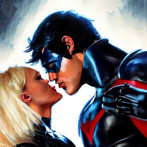 Close Up Of Nightwing And Bat Girl Kissing In Full Stable Diffusion