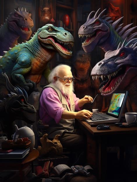 Premium Photo Senior Coder Amidst Dinosaur Figures Merging Past And