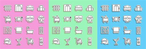 세트 라인은 방해하지 마십시오 호텔 건물 5 별 등급 검토 룸 침대 접시 포크와 칼 트레이 난방 라디에이터와 아이콘으로 덮여