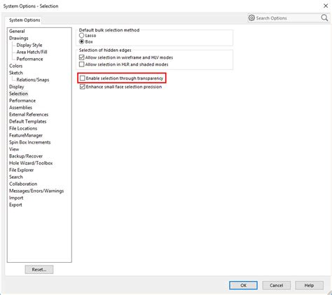 Deactivate Selection Through Transparency Option In Solidworks