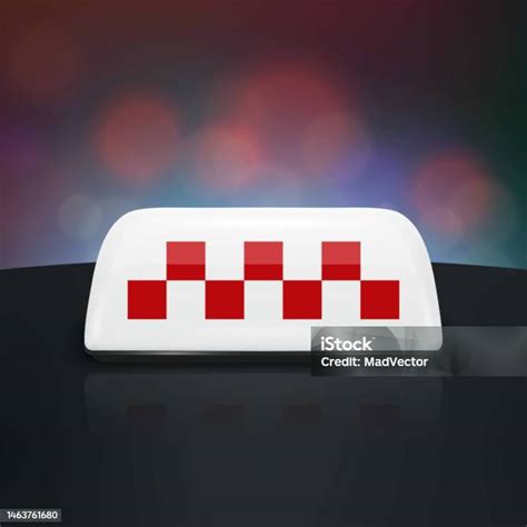 벡터 흰색 택시 자동차 표지판은 검은 지붕에 빨간색 텍스트 근접 촬영 흐릿한 도시 화려한 배경 프랑스어 흰색 택시 표지판 택시 서비스에 대 한 디자인 서식 파일입니다 전면