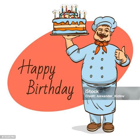 접시에 케이크와 함께 수석 쿡입니다 벡터 일러스트입니다 요리사 유니폼에 남자입니다 만화 문자입니다 생일 케이크에 대한 스톡 벡터 아트 및 기타 이미지 Istock