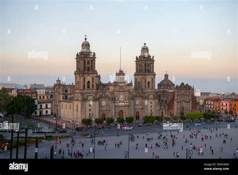 Zocalo Constitution Square And Metropolitan Cathedral At Sunset At Historic Center Of Mexico