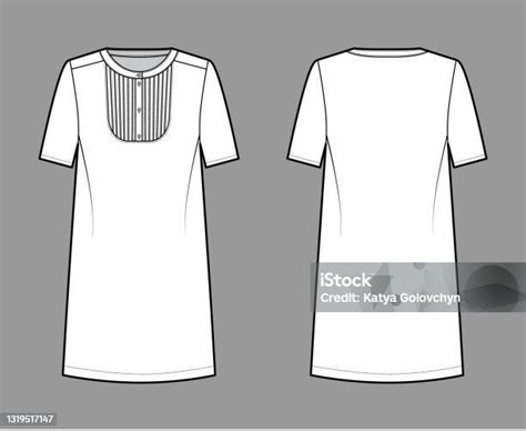 드레스 빕 핀핑 테크니컬 패션 일러스트와 헨리 네크라인 반소매 오버사이즈 바디 무릎 길이 0명에 대한 스톡 벡터 아트 및 기타