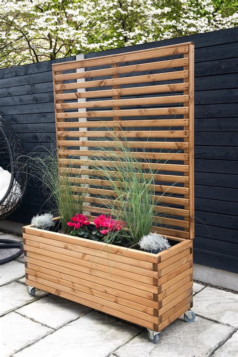 Long Wooden Planter With Trellis And Castors L120 X W30 X H30cm Etsy Uk