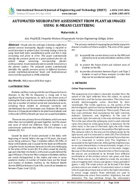 Pdf Automated Neuropathy Assessment From Plantar Images Using K Means Clustering