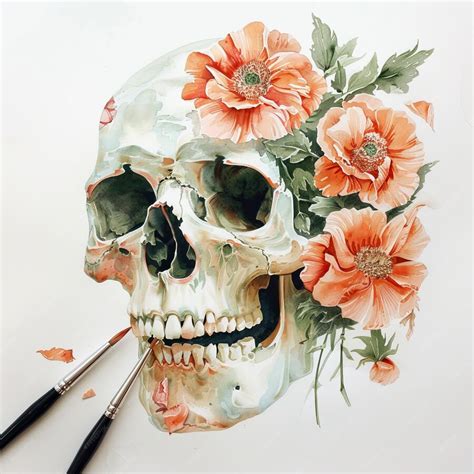 A Drawing Of A Skull With Flowers And A Pencil Premium Ai Generated Image