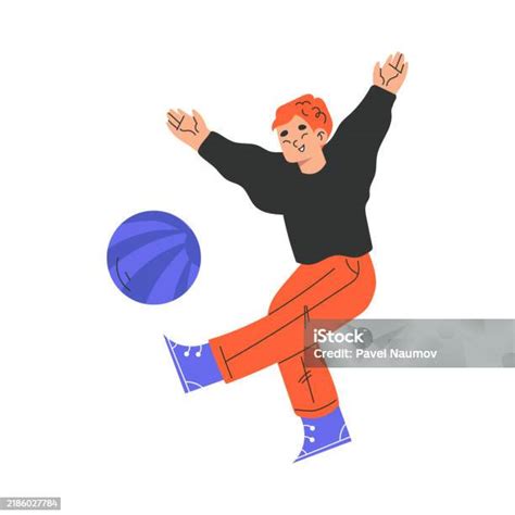 재미 있은 소년 캐릭터 발 놀이 벡터 일러스트 레이 션으로 공을 걷어차는 것 개념에 대한 스톡 벡터 아트 및 기타 이미지 개념 건강한 생활방식 귀여운 Istock
