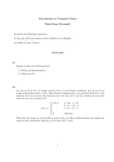 Introduction To Computer Vision Final Exam Example