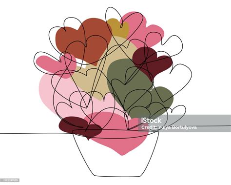 발렌타인 데이 등을위한 냄비에 하트 꽃 연속 라인 미니멀 트렌드 스타일 한 줄 로맨틱 한 컬렉션 벡터 그림입니다 꽃 식물에 대한