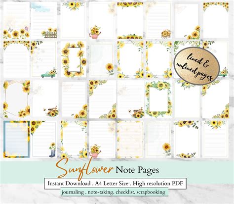 Printable Sunflower Note Pages Instant Download Sunflower Writing Letter Printable A4 Pdf