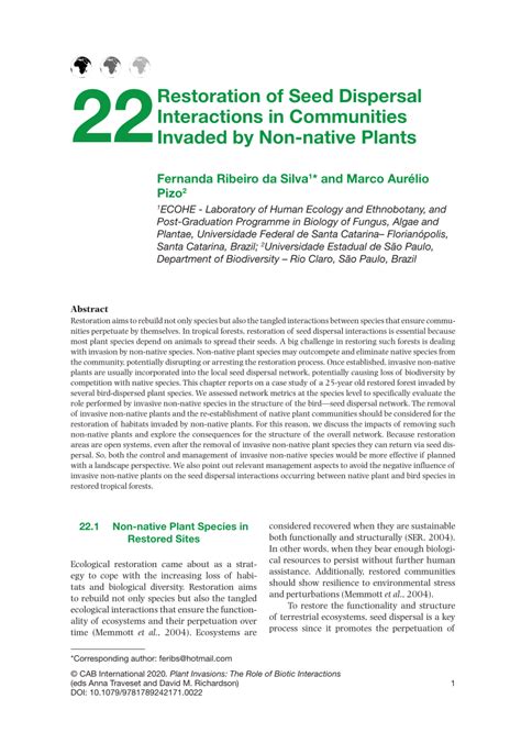 Pdf Restoration Of Seed Dispersal Interactions In Communities Invaded By Non Native Plants