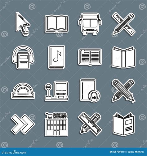 Set Line Open Book Crossed Pencil Bus Audio Pixel Arrow Cursor And Icon Vector Stock