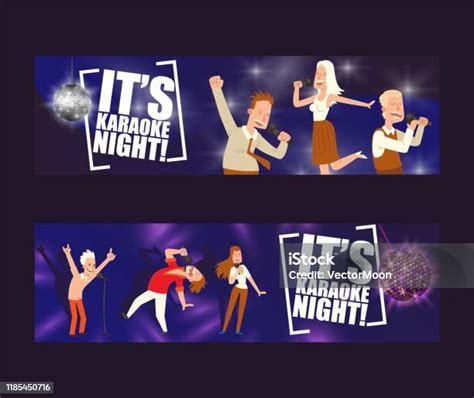 배너 벡터 일러스트의 바 세트로 가라오케 나이트입니다 노래방에서 노래하고 춤을 추는 사람들 여성과 남성은 마이크와 함께 연주 재미 가수 스타 빛나는 디스코 공입니다 노래방