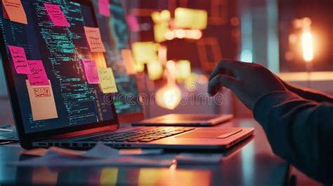 Software Developer Programming On Laptop With Sticky Notes In Office At Night Stock Video