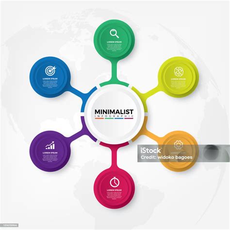 색상 원 정보 그래픽 디자인 템플릿 센터 서클이있는 정보 그래프 6 요소 그래픽 차트 다이어그램 아이콘이 있는 밝은 무지개 색의