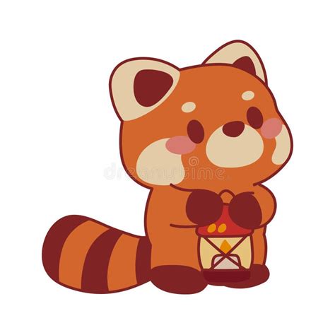 Cute Kawaii Illustration Of A Funny Cartoon Red Panda Lying On A Branch