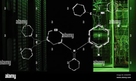 Image Of Molecule Structures Over Illuminated Server Room In Background Digital Composite