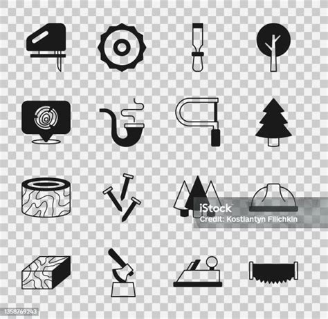 양손 톱 노동자 안전 헬멧 크리스마스 트리 치즐 도구 흡연 파이프 나무 통나무 전기 퍼즐 과 쇠톱 아이콘을 설정합니다 벡터 강철에 대한 스톡 벡터 아트 및 기타 이미지