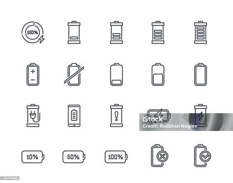 배터리 라인 아이콘이 설정되었습니다 배터리 에너지 수준 완전 충전 또는 부족 충전 표시기 및 빠른 충전이 있는 간단한 기호 편집 가능한 획 Outline Vector