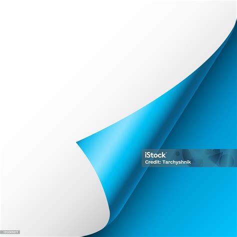 블루 페이퍼 컬 그림자가 있는 말린 페이지 코너 용지 한 장 다채로운 빛나는 호일 광고 및 홍보를 위한 디자인 요소 벡터 일러스트레이션 돌기에 대한 스톡 벡터 아트 및 기타