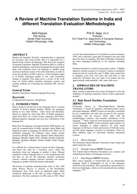Pdf A Review Of Machine Translation Systems In India And Different Translation Evaluation