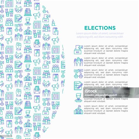 선거와 투표 개념 선 아이콘 유권자 투표 용지 상자 취임식 부패 토론 대통령 선전 뇌물 동요 현대 벡터 일러스트 레이 션 인쇄