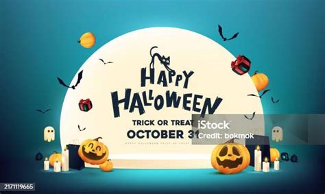 해피 할로윈 판매 배너 달 밤 풍경 제품 디스플레이 및 할로윈 호박 웃는 얼굴 축제 장식 트릭 또는 트리트 축하 휴일 파티 10월에 대한 스톡 벡터 아트 및 기타 이미지
