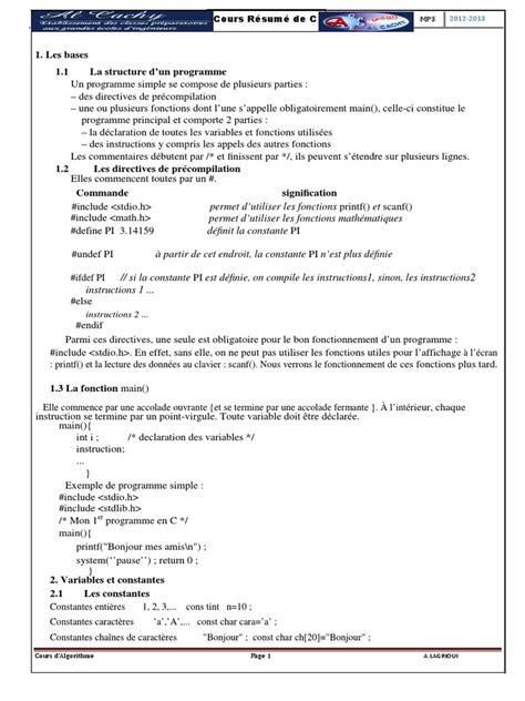 Resume De Cours De C Pdf Structure De Contrôle Pointeur Programmation
