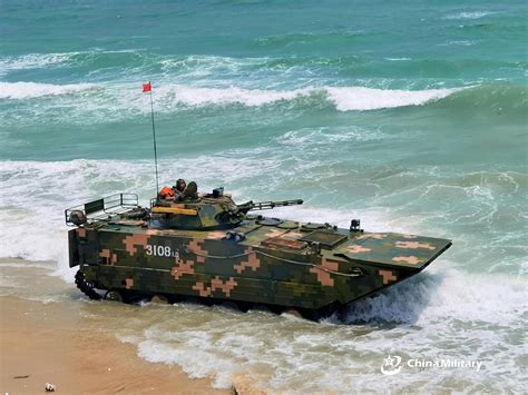 Chinese Type 05 Amphibious Afv Entering The Sea And Deploying The Bow