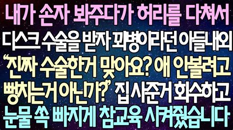 반전 사연 내가 손자 봐주다가 허리를 다쳐서 디스크 수술을 받자 꾀병이라던 아들내외 집 사준거 회수하고 눈물 쏙 빠지게 참교육 시켜줬습니다 사이다사연라디오드라마