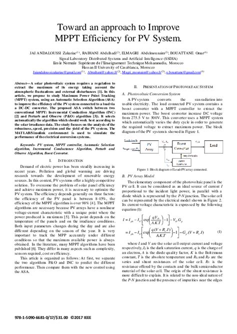 Pdf Toward An Approach To Improve Mppt Efficiency For Pv System
