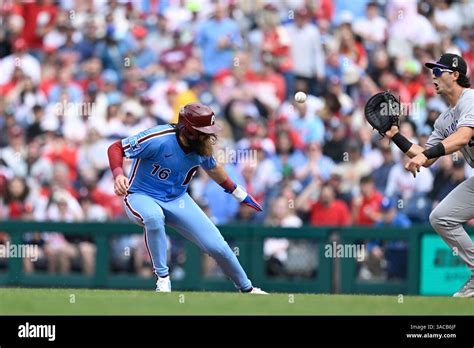 Philadelphia Pa April 03 Philadelphia Phillies Outfielder Brandon Marsh 16 Is Caught In A
