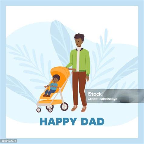 아이와 함께 유모차를 밀고 있는 행복한 아빠 텍스트가 있는 정사각형 포스터 평면 벡터 삽화 아들과 함께 마차를 타고 걷는 남자 부모의 개념입니다 가족에 대한 스톡 벡터 아트