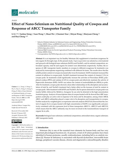 Pdf Effect Of Nano Selenium On Nutritional Quality Of Cowpea And Response Of Abcc Transporter