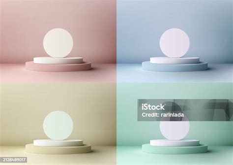 파스텔 배경에 흰색 원 배경이 있는 흰색과 부드러운 색상의 연단의 3d 3차원 형태에 대한 스톡 벡터 아트 및 기타 이미지 3차원 형태 강단 개념 Istock