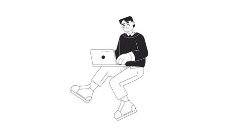 Caucasian Office Man Working On Laptop Bw 2d Character Animation