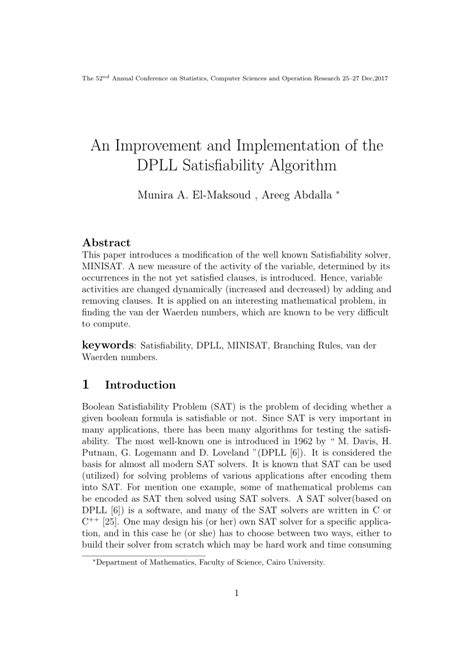 Pdf An Improvement And Implementation Of The Dpll Satis Ability Algorithm