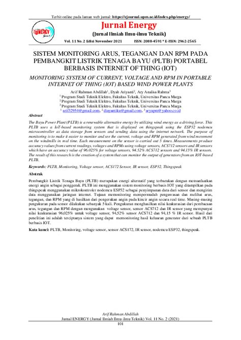 Pdf Sistem Monitoring Arus Tegangan Dan Rpm Pada Pembangkit Listrik Tenaga Bayu Pltb