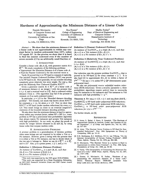 Pdf Hardness Of Approximating The Minimum Distance Of A Linear Code