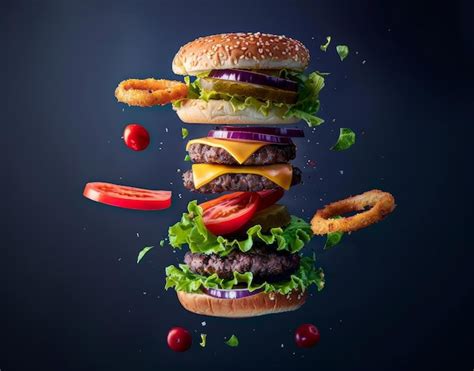 Una Hamburguesa Deconstruida Con Sus Ingredientes Flotando En El Aire